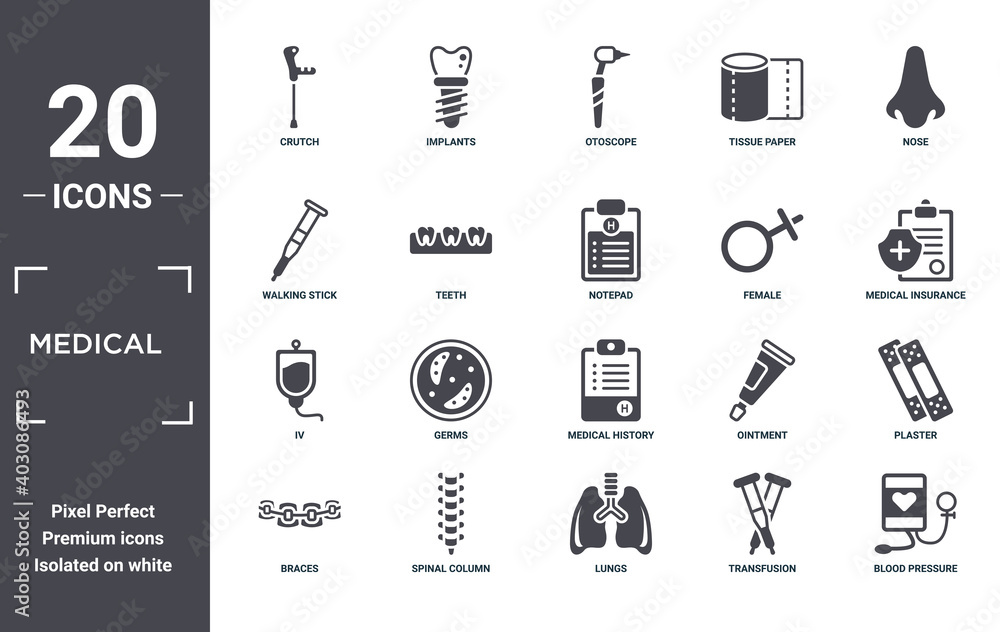 medical icon set. include creative elements as crutch, nose, female ...