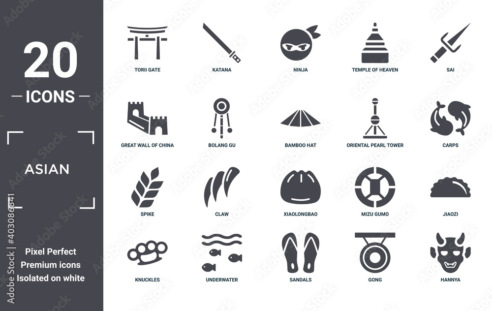 asian icon set. include creative elements as torii gate, sai, oriental ...