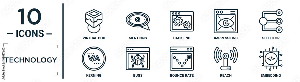 technology linear icon set. includes thin line virtual box, back end ...