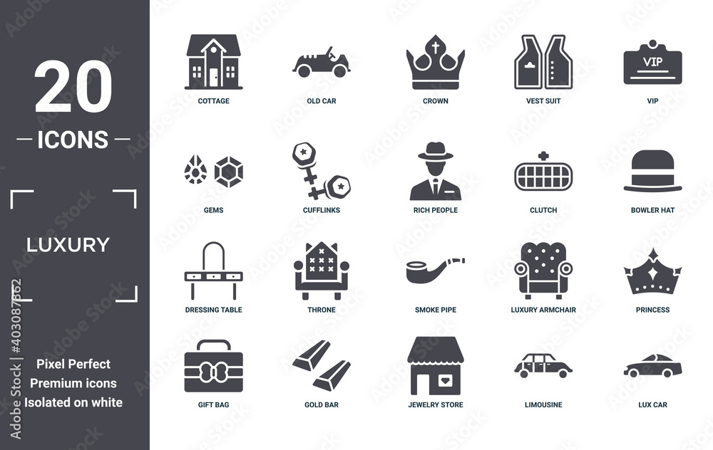 luxury icon set. include creative elements as cottage, vip, clutch ...