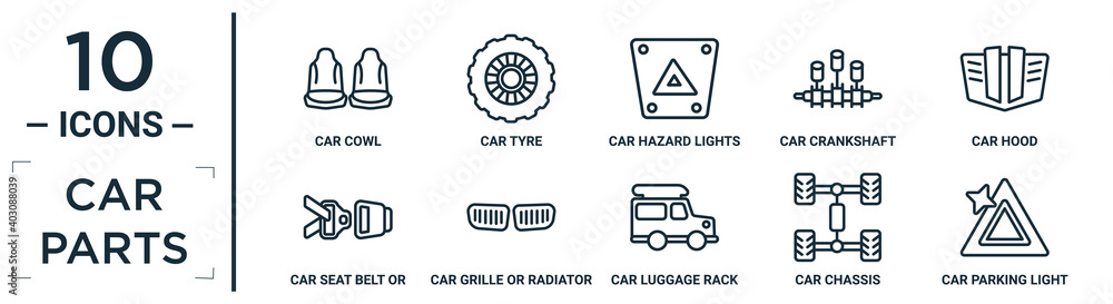 car.parts linear icon set. includes thin line car cowl, car hazard ...