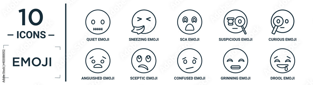 emoji linear icon set. includes thin line quiet emoji, sca emoji ...