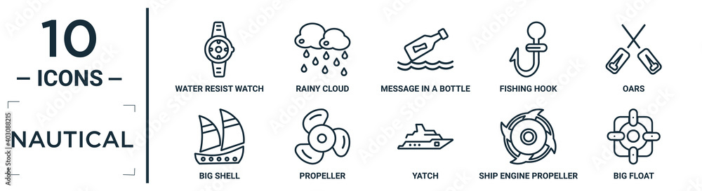 nautical linear icon set. includes thin line water resist watch ...