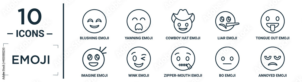 emoji linear icon set. includes thin line blushing emoji, cowboy hat ...