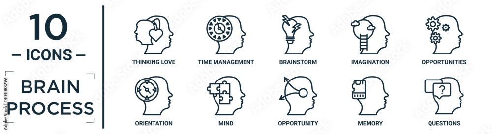 brain.process linear icon set. includes thin line thinking love ...