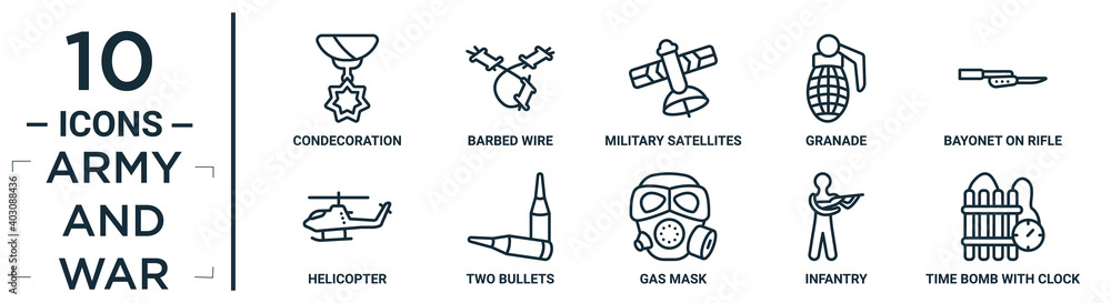army.and.war linear icon set. includes thin line condecoration ...