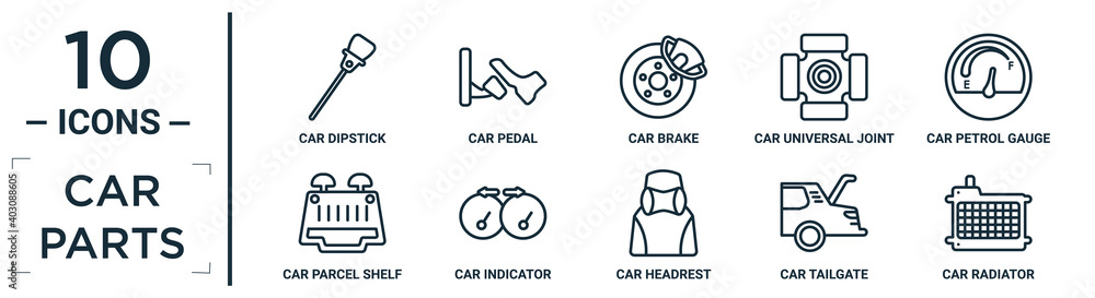 car.parts linear icon set. includes thin line car dipstick, car brake ...