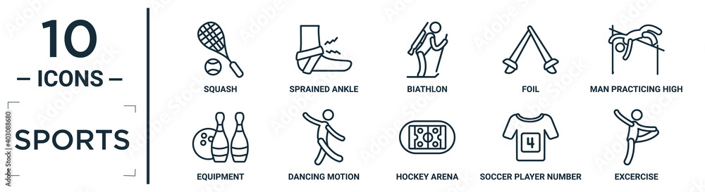 sports linear icon set. includes thin line squash, biathlon, man ...