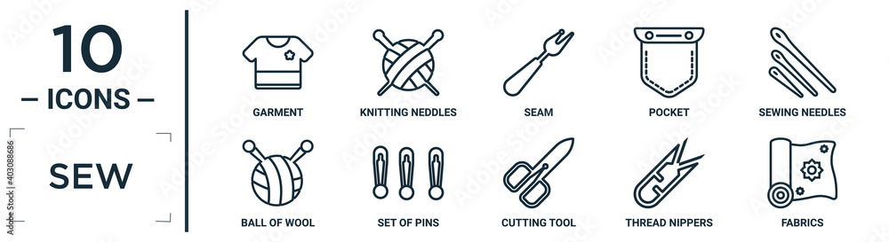 sew linear icon set. includes thin line garment, seam, sewing needles ...