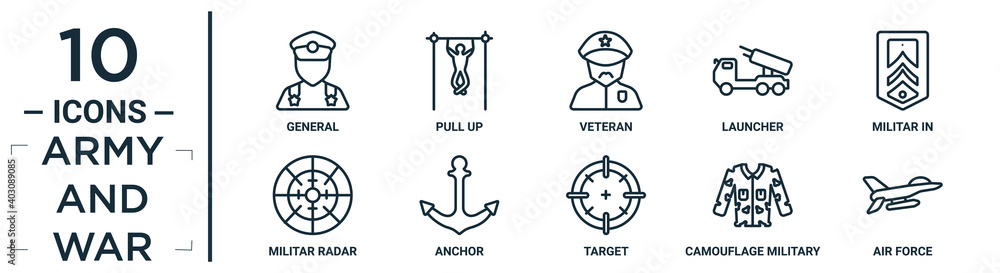 army.and.war linear icon set. includes thin line general, veteran ...