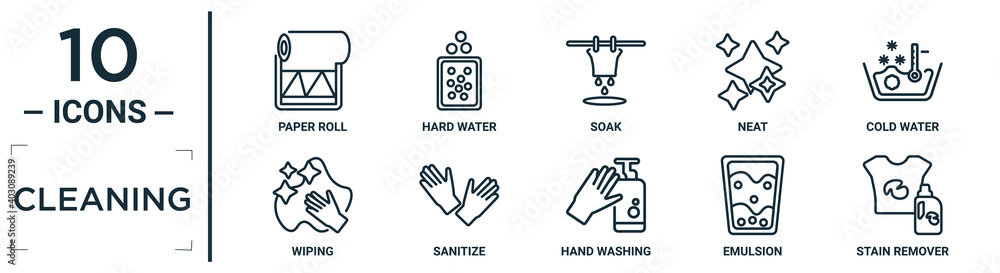 cleaning linear icon set. includes thin line paper roll, soak, cold ...