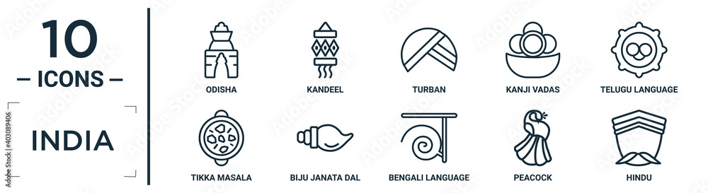 india linear icon set. includes thin line odisha, turban, telugu ...