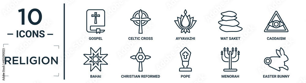 religion linear icon set. includes thin line gospel, ayyavazhi ...
