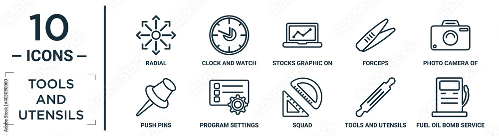 tools.and.utensils linear icon set. includes thin line radial, stocks ...