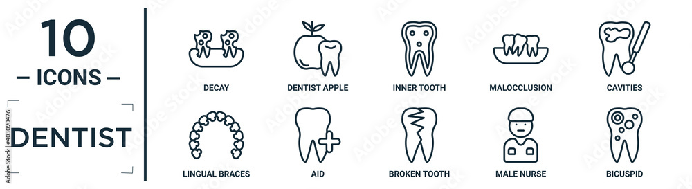 dentist linear icon set. includes thin line decay, inner tooth ...
