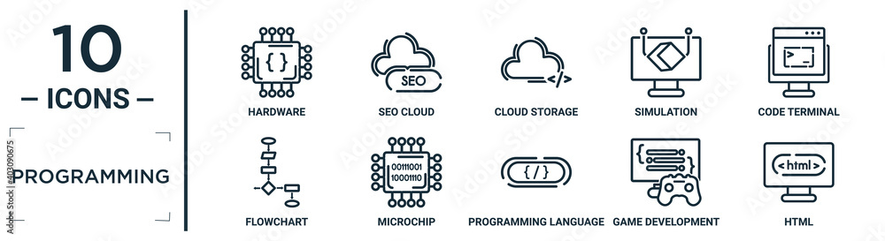 programming linear icon set. includes thin line hardware, cloud storage ... programming linear icon set. includes thin line hardware, cloud storage ...