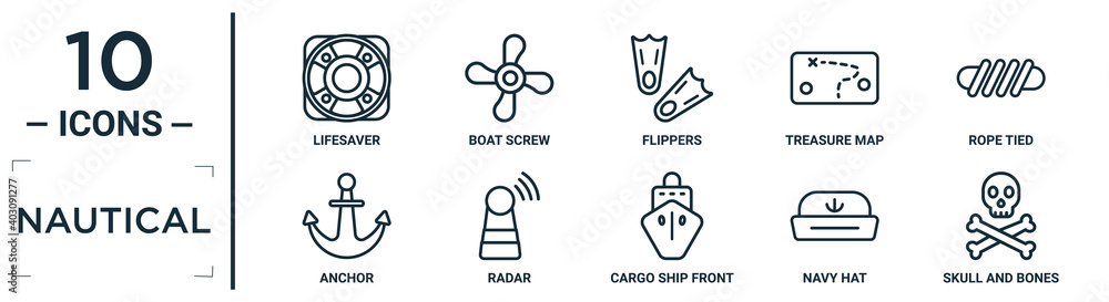 Vecteur Stock nautical linear icon set. includes thin line lifesaver ...