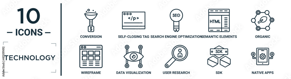 technology linear icon set. includes thin line conversion, search ...
