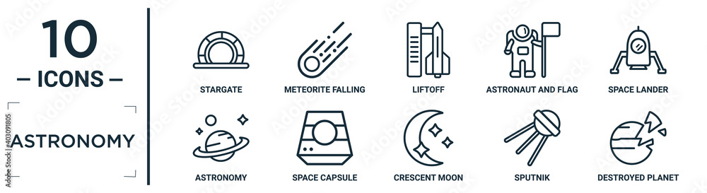 astronomy linear icon set. includes thin line stargate, liftoff, space ...