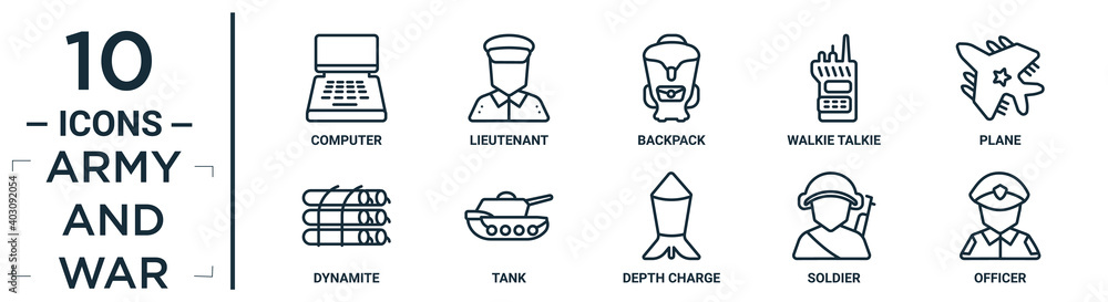 army.and.war linear icon set. includes thin line computer, backpack ...