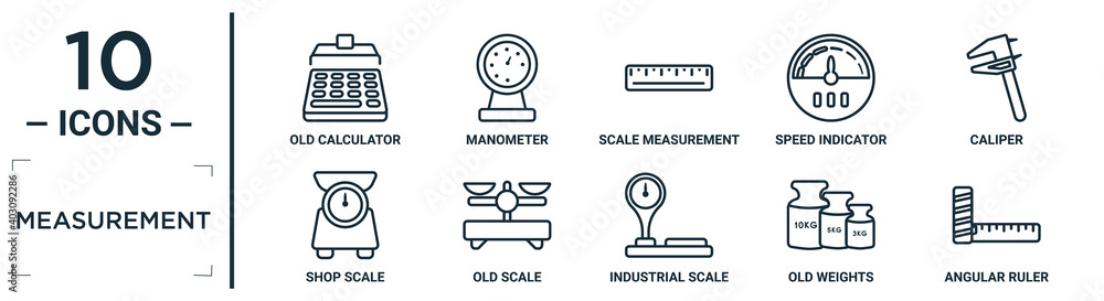measurement linear icon set. includes thin line old calculator, scale ...