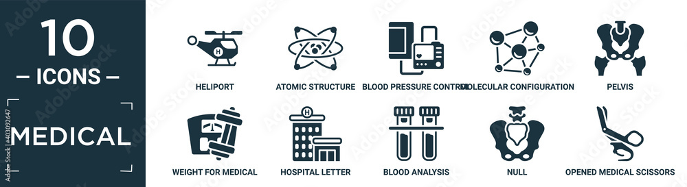 filled medical icon set. contain flat heliport, atomic structure, blood ...