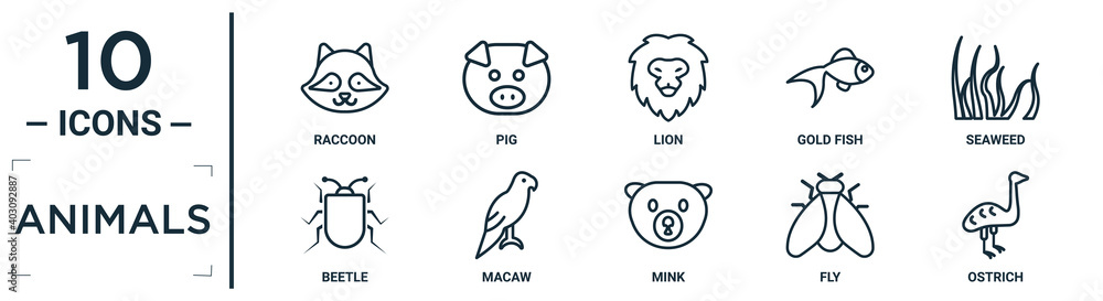animals linear icon set. includes thin line raccoon, lion, seaweed ...
