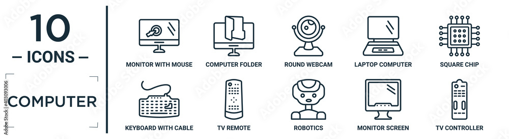 computer linear icon set. includes thin line monitor with mouse cursor ...