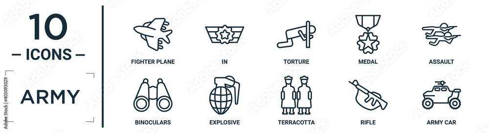 army linear icon set. includes thin line fighter plane, torture ...