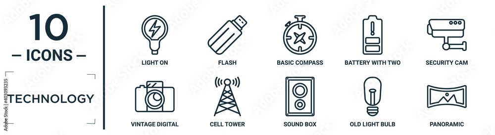 technology linear icon set. includes thin line light on, basic compass ...