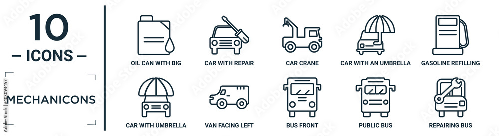 mechanicons linear icon set. includes thin line oil can with big drop ...