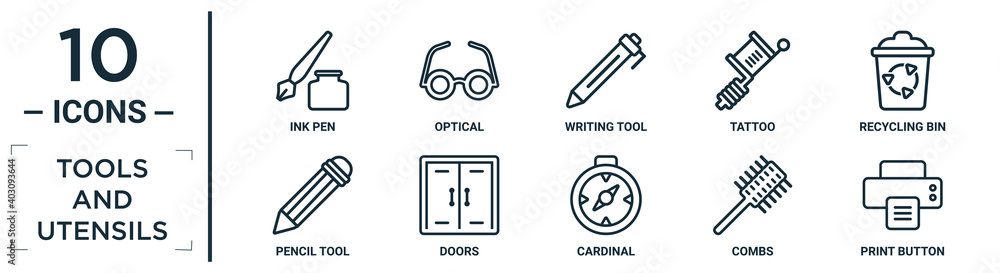 tools.and.utensils linear icon set. includes thin line ink pen, writing ...