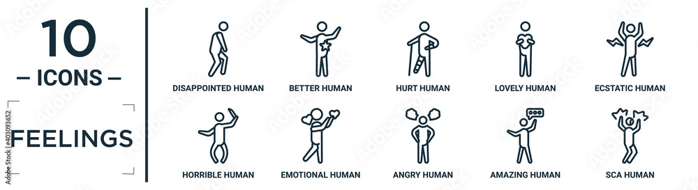 feelings linear icon set. includes thin line disappointed human, hurt ...