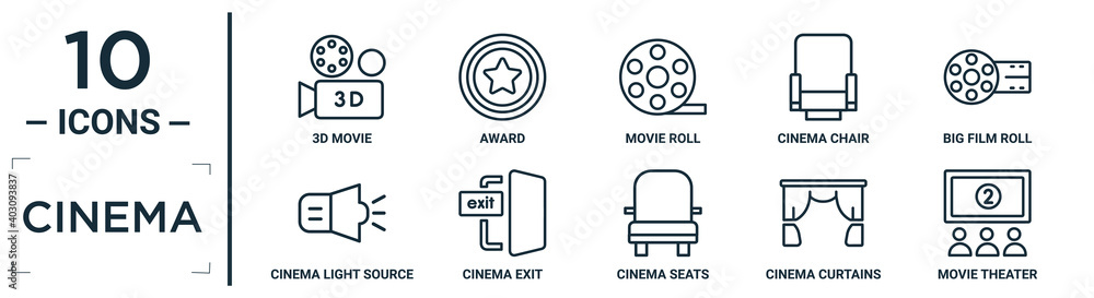 cinema linear icon set. includes thin line 3d movie, movie roll, big ...