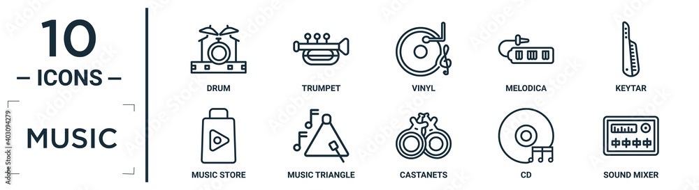 music linear icon set. includes thin line drum, vinyl, keytar, music ...