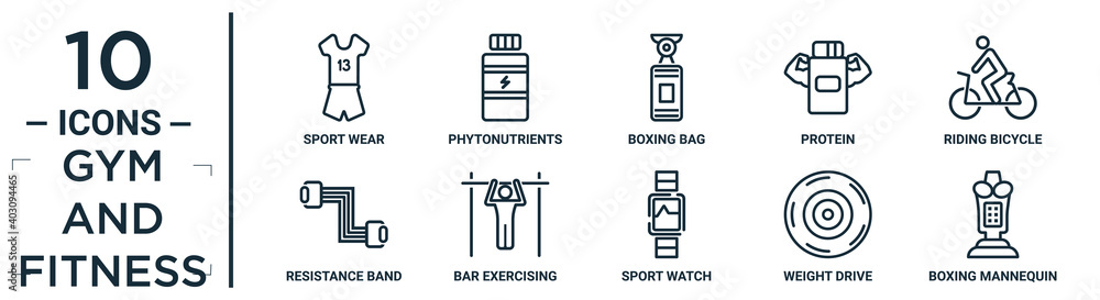 gym.and.fitness linear icon set. includes thin line sport wear, boxing ...