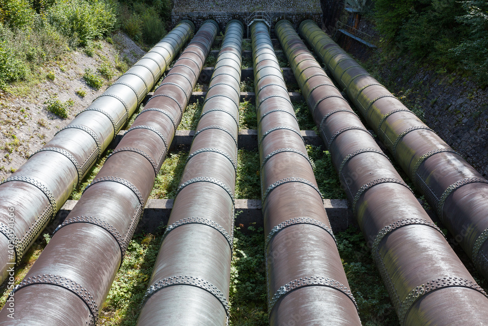 Water pipes at the Walchensee hydroelectric power plant. Symbol for ...