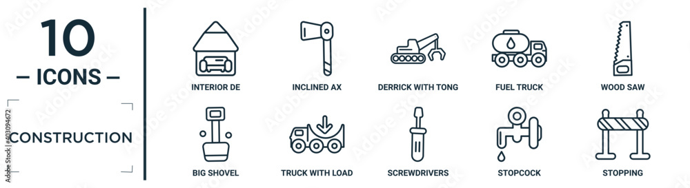 construction linear icon set. includes thin line interior de, derrick ...