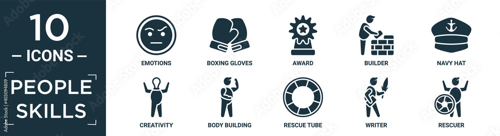 filled people skills icon set. contain flat emotions, boxing gloves ...