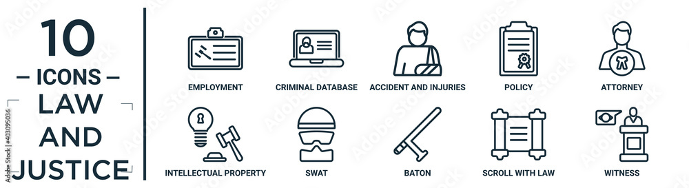 law.and.justice linear icon set. includes thin line employment ...