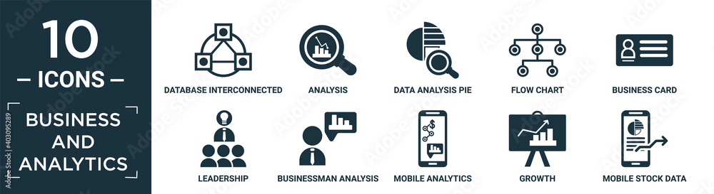 filled business and analytics icon set. contain flat database ...