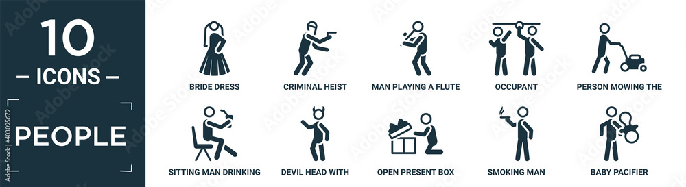 filled people icon set. contain flat bride dress, criminal heist, man ...