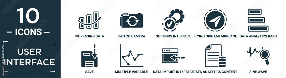 filled user interface icon set. contain flat increasing data, switch ...