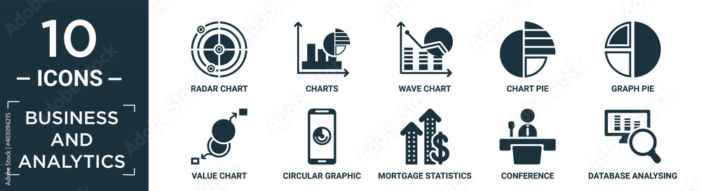 filled business and analytics icon set. contain flat radar chart ...