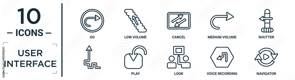 user.interface linear icon set. includes thin line go, cancel, shutter, play, voice recording ...