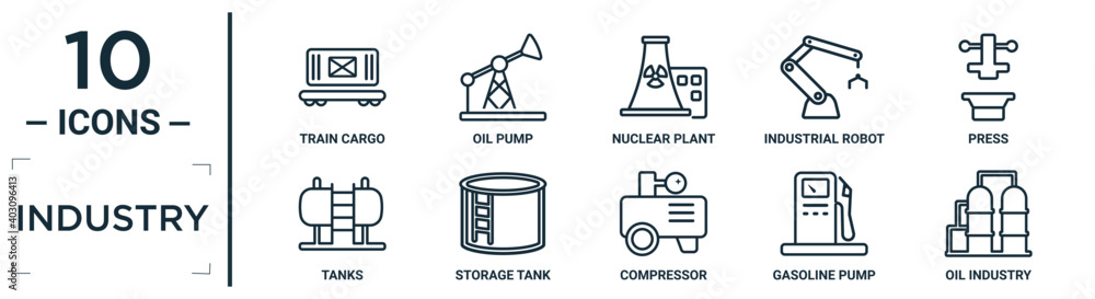 industry linear icon set. includes thin line train cargo, nuclear plant ...