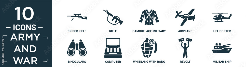 filled army and war icon set. contain flat sniper rifle, rifle ...