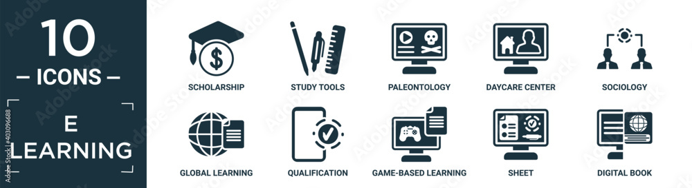 filled e learning icon set. contain flat scholarship, study tools ...