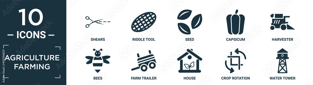 filled agriculture farming icon set. contain flat shears, riddle tool ...