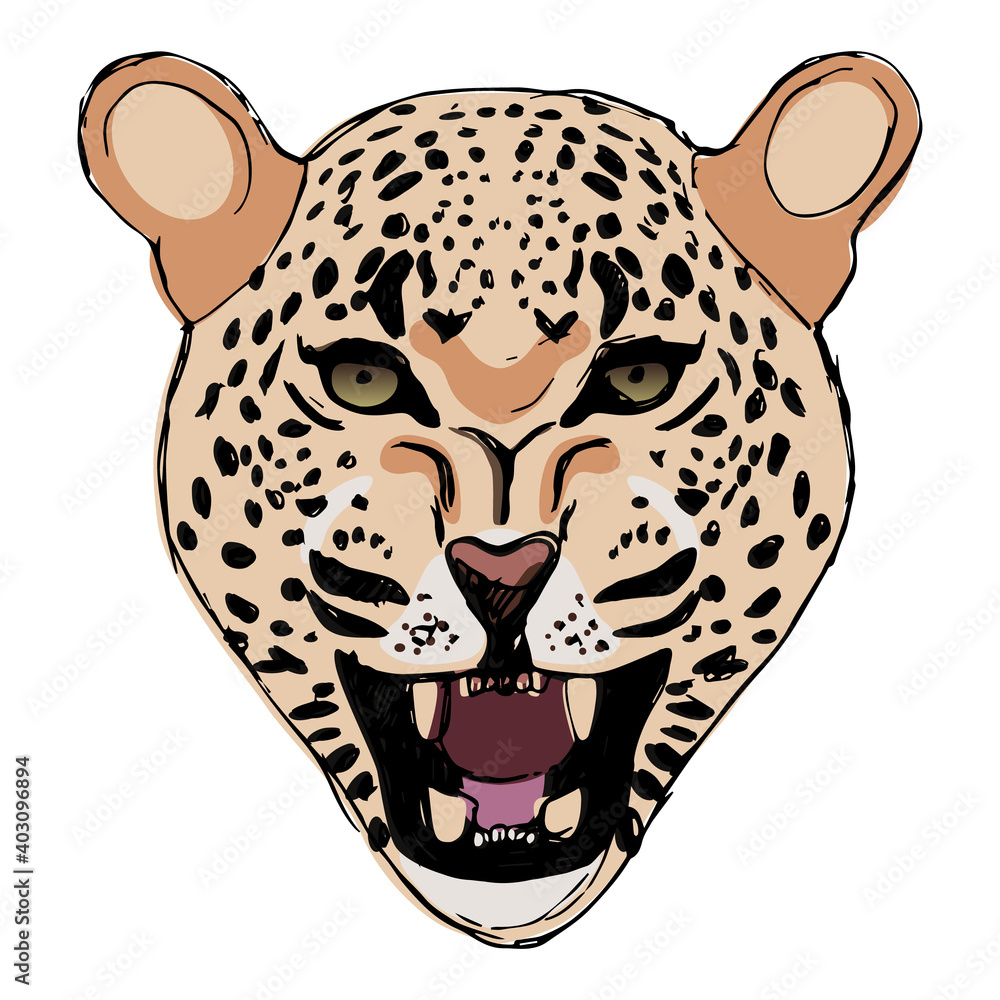 Face of angry jaguar or leopard with open mouth. Head of a grinning ...